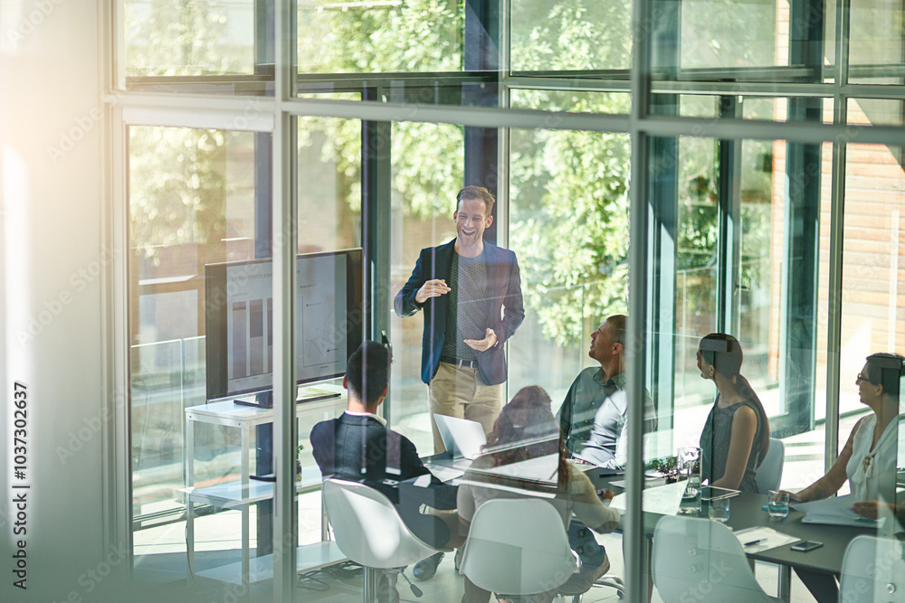 Business, people or tech in boardroom for conference, brand management ...