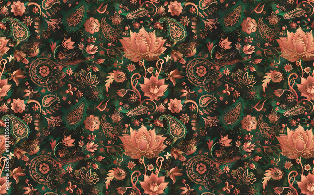 pattern with flowers, 2x2 pattern with lotus in tone of orange and ...