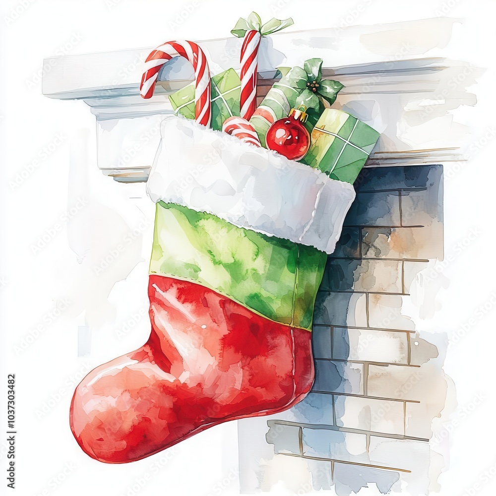 A detailed hand-painted clipart of a Christmas stocking filled with ...
