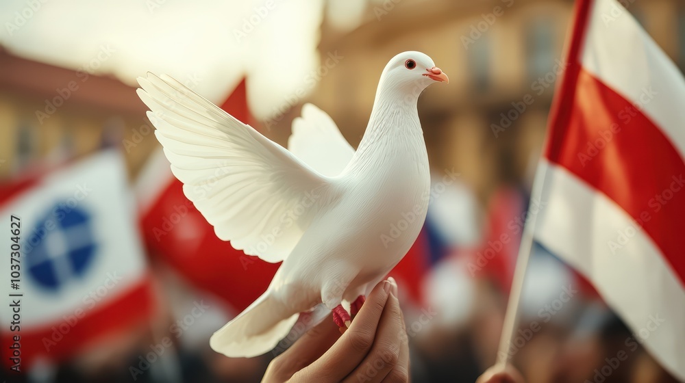 White dove held high amidst flags, symbolizing peace and unity, with a ...