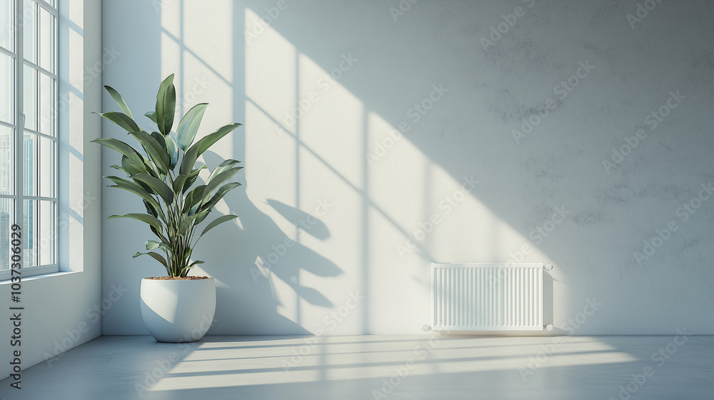 Radiator in Minimalist Room A classic white radiator in a minimalist ...