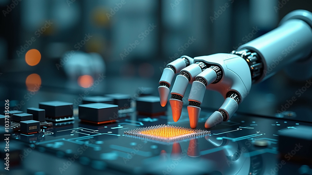 A robotic hand is carefully aligning a microprocessor onto a circuit ...