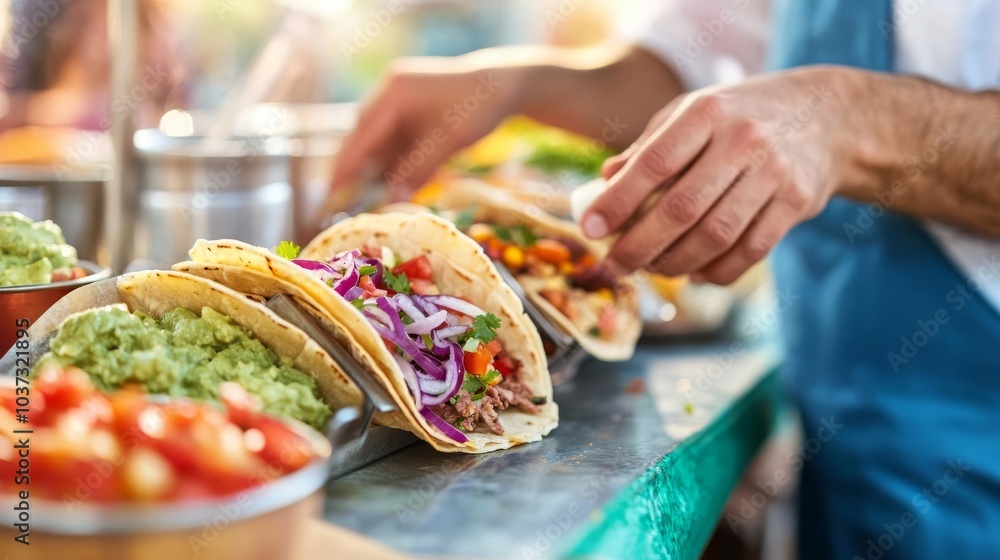 Street vendor with taco stand, colorful setup, fresh ingredients ...