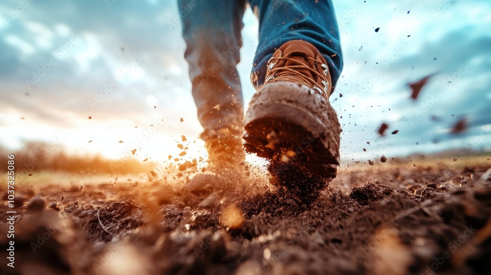 This striking photo shows a close-up view of a boot stepping down on a ...