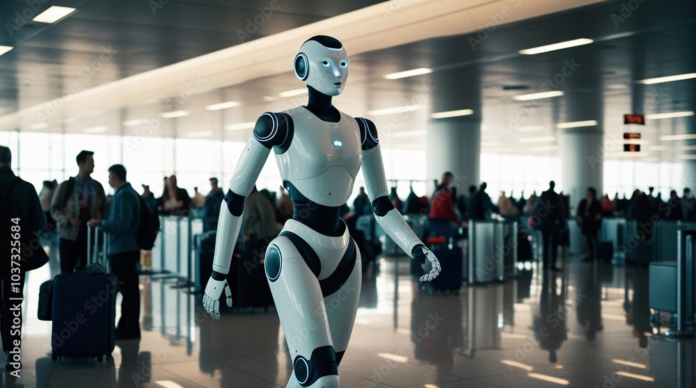 In a bustling airport terminal, a humanoid robot navigates through ...