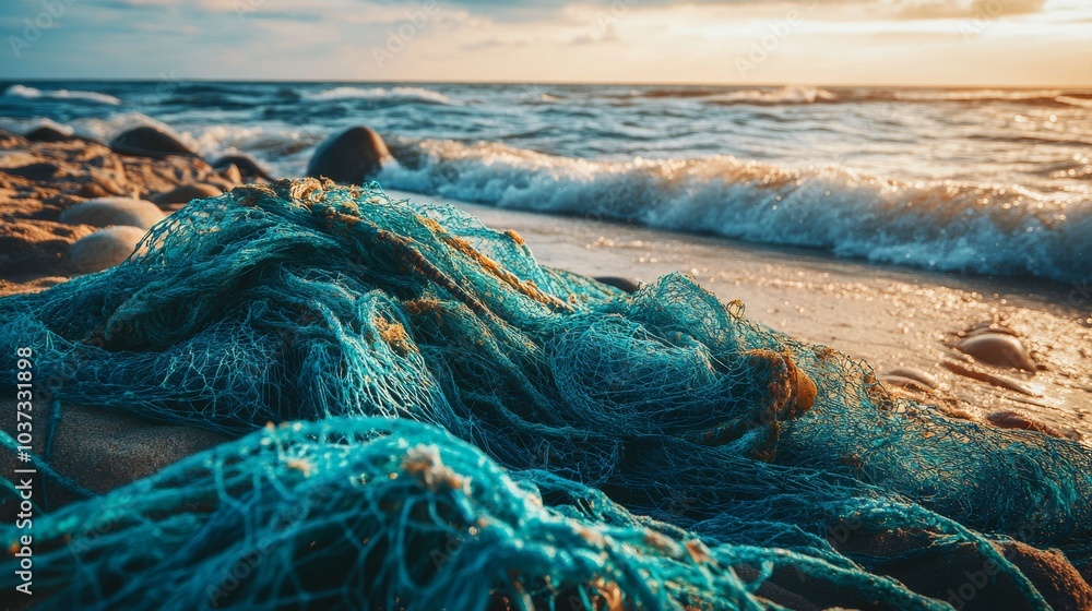 Tangled fishing nets litter the beach highlighting the pollution ...