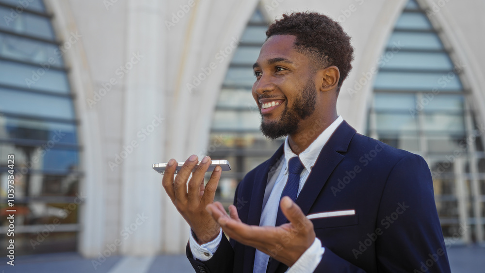 Handsome young man in a suit speaking into his phone while standing on ...