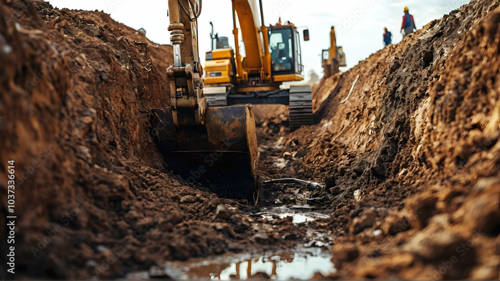 A large piece of machinery is digging into the ground next to a long ...
