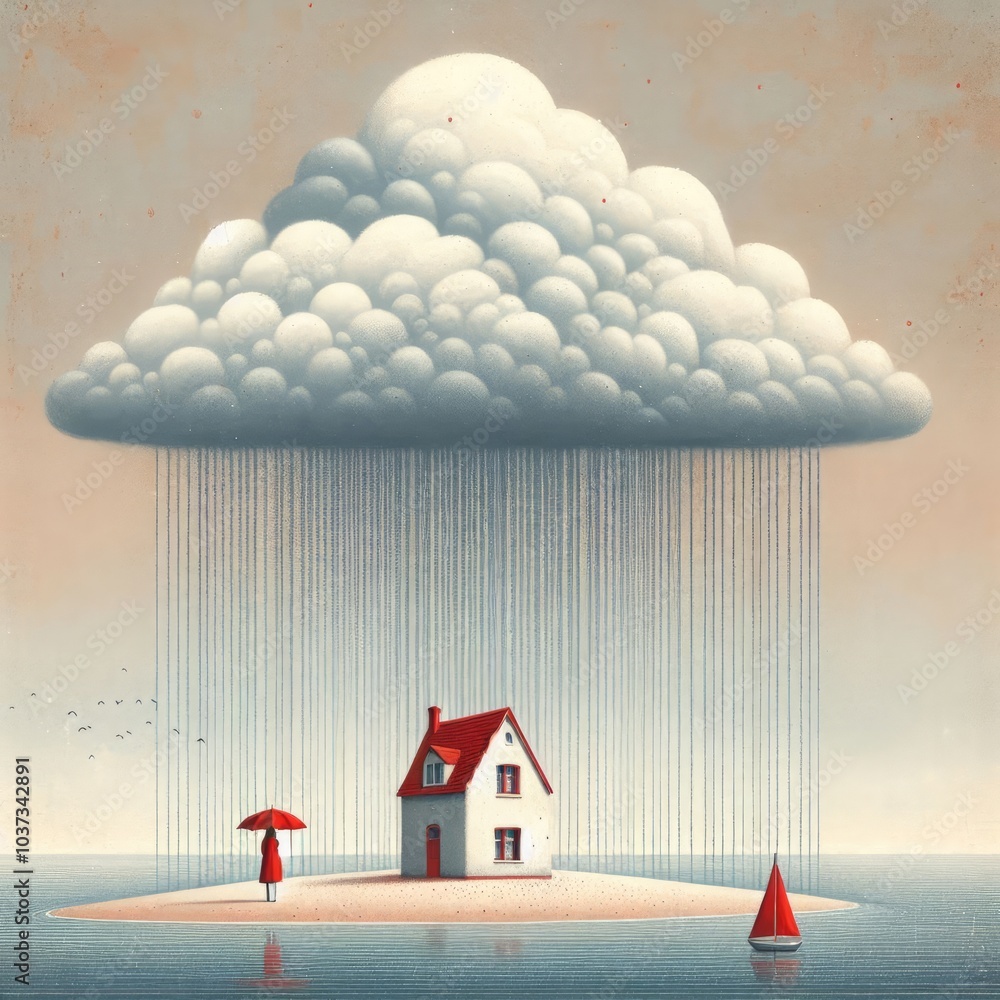 Surreal Island House Under Rain Cloud: A Lonely Home with a Red Roof on ...
