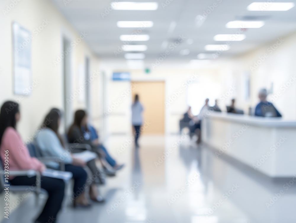 A blurred image of a hospital waiting room with patients seated and ...