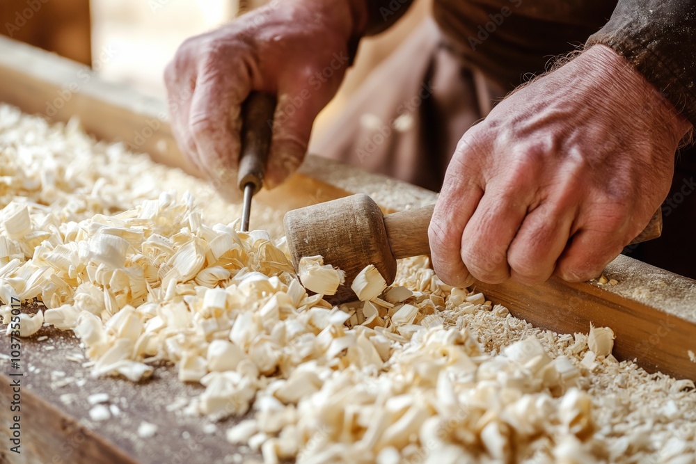 Carpenter using a hand plane to smooth wood, shavings piling up on the ...