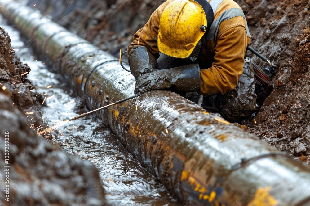 Construction worker welding a pipe in a muddy trench during daytime at ...