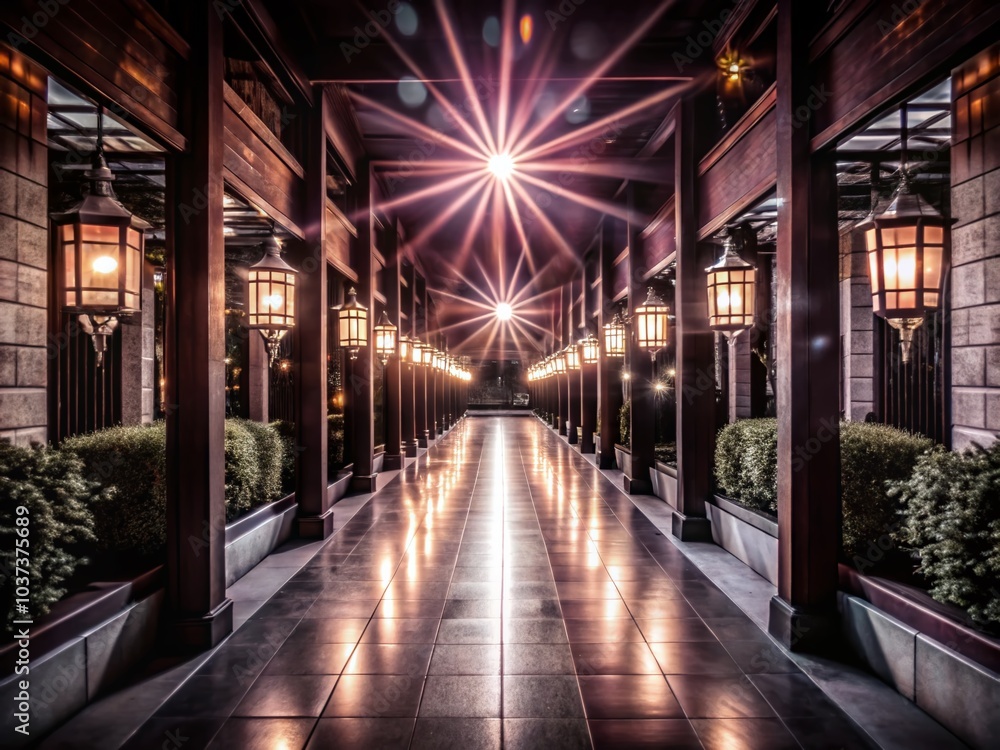 Serene Pathway Illuminated by Lamps with Glowing Light Flare for ...
