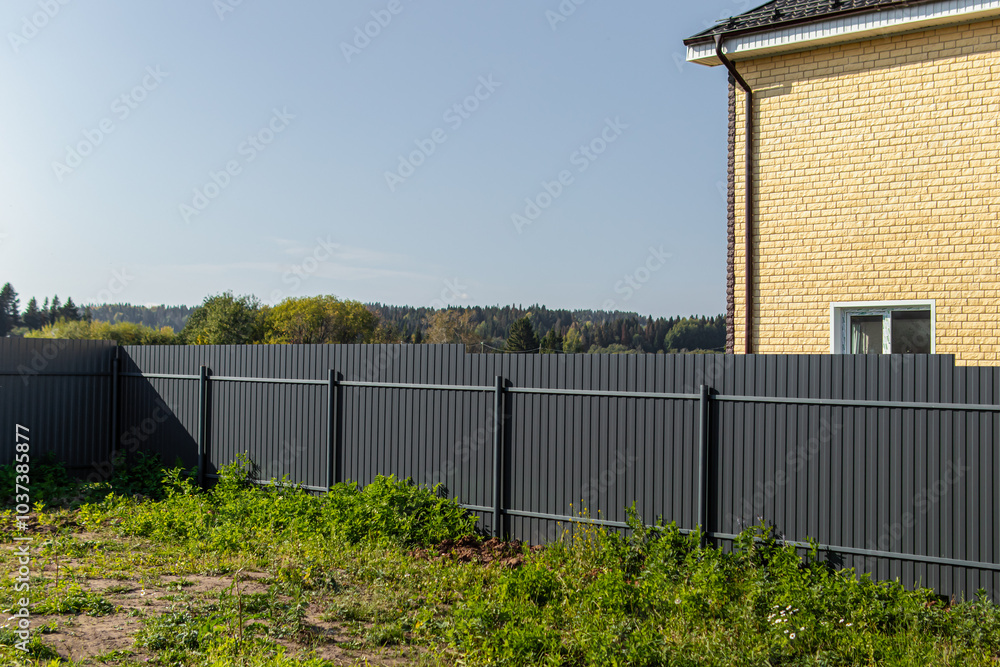 Primed gray side of the profiled sheet. Corrugated board fence. A fence ...