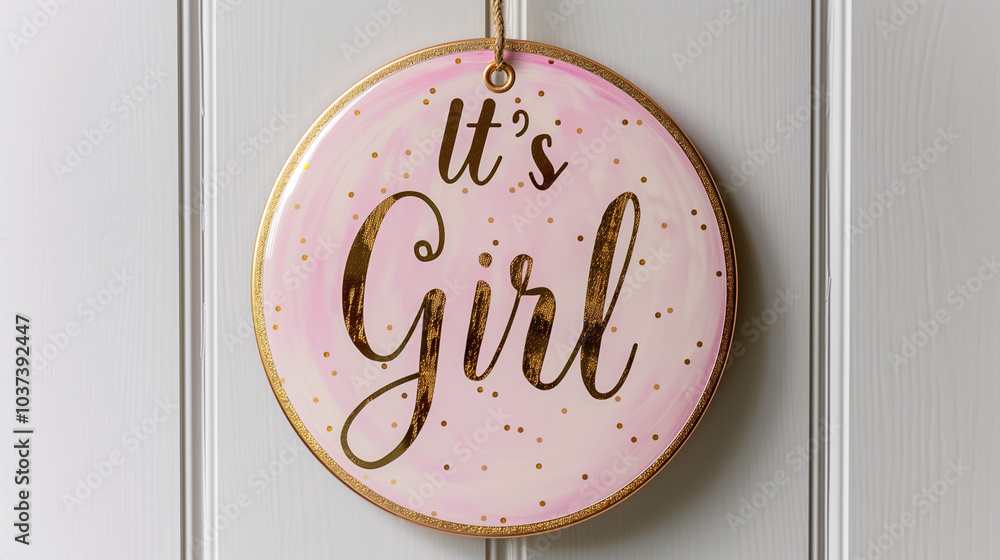 Pink and gold baby shower sign with "It's a Girl" text on decorative ...