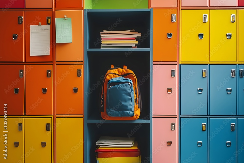 Row of lockers in a school hallway, locker with colorful backpack ...