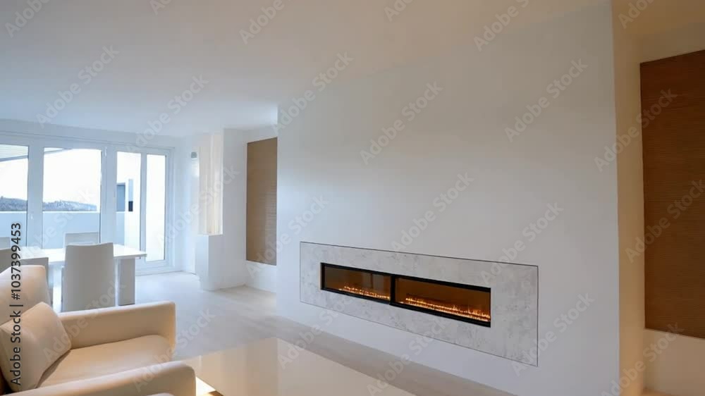 Illustrate a chic living room with an all-white color palette and a ...