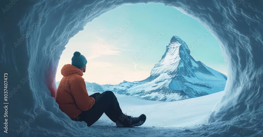 Male tourist sitting in entrance of igloo with Matterhorn view. AI ...