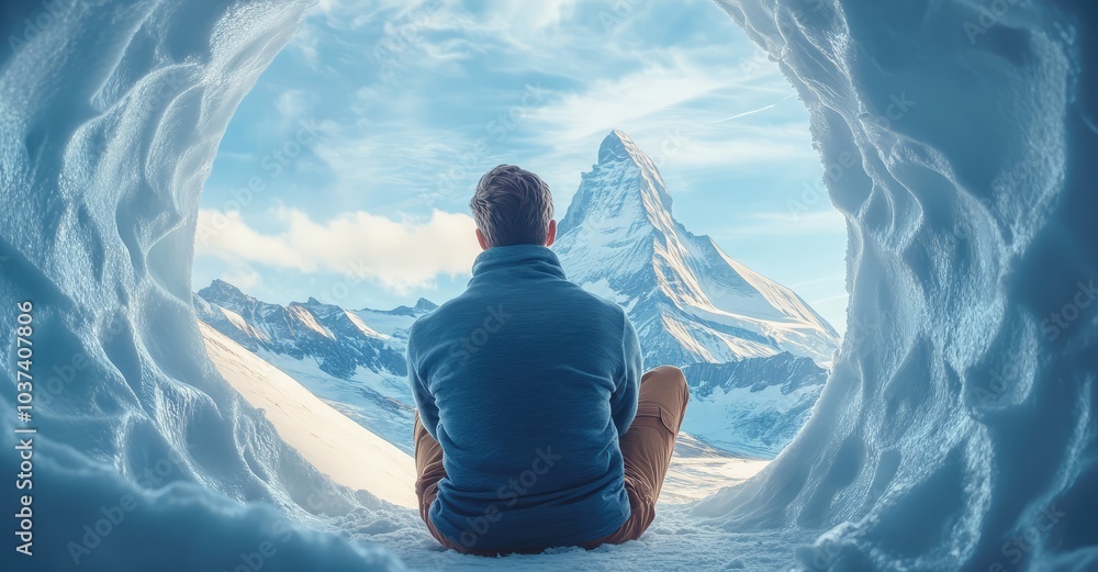 Male tourist sitting in entrance of igloo with Matterhorn view. AI ...