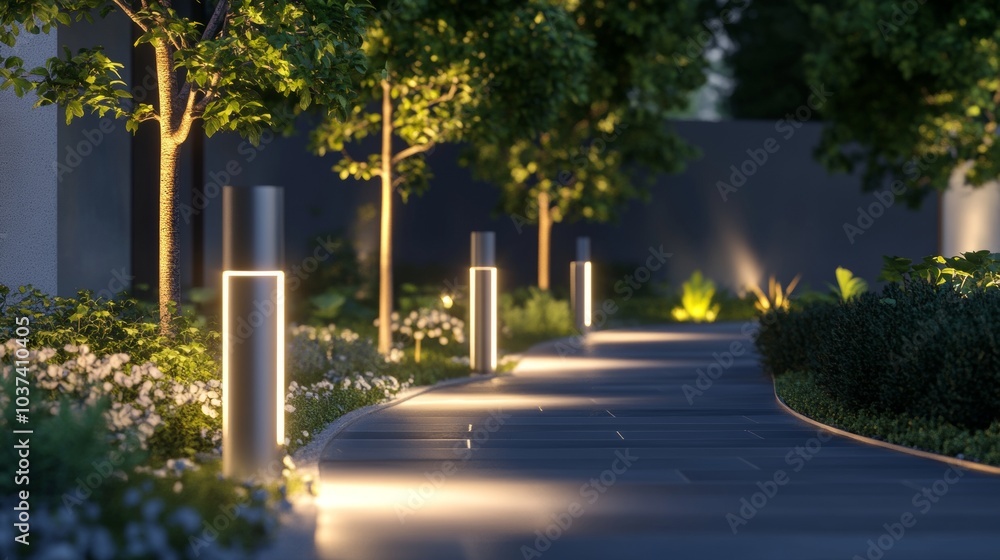 Illuminated Path. Modern Outdoor Lights Guiding a Curved Garden Walkway ...