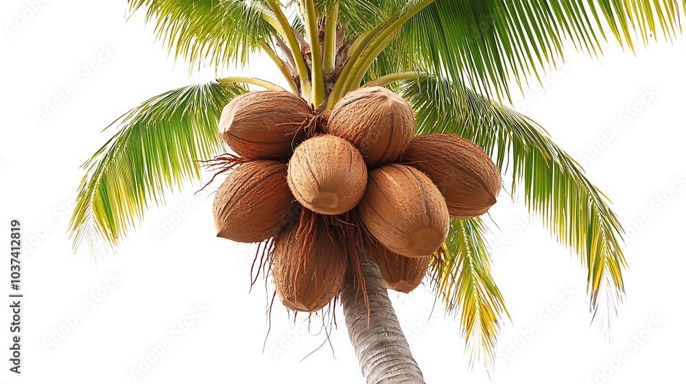 Coconut tree with a tall, smooth trunk and bunches of coconuts hanging ...