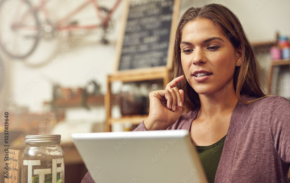 Business owner, thinking and woman in cafe, tablet and internet with ...