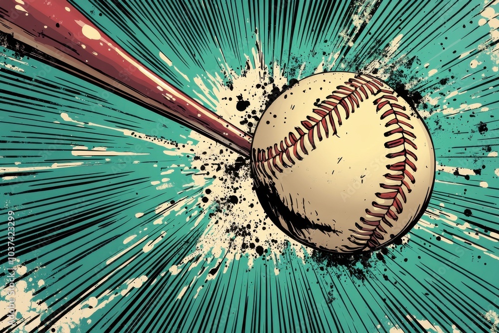 Dynamic comic-style illustration of a baseball being hit, featuring ...