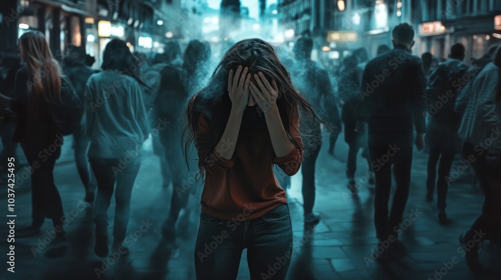 Panic attack in public place. Woman having panic disorder in city ...