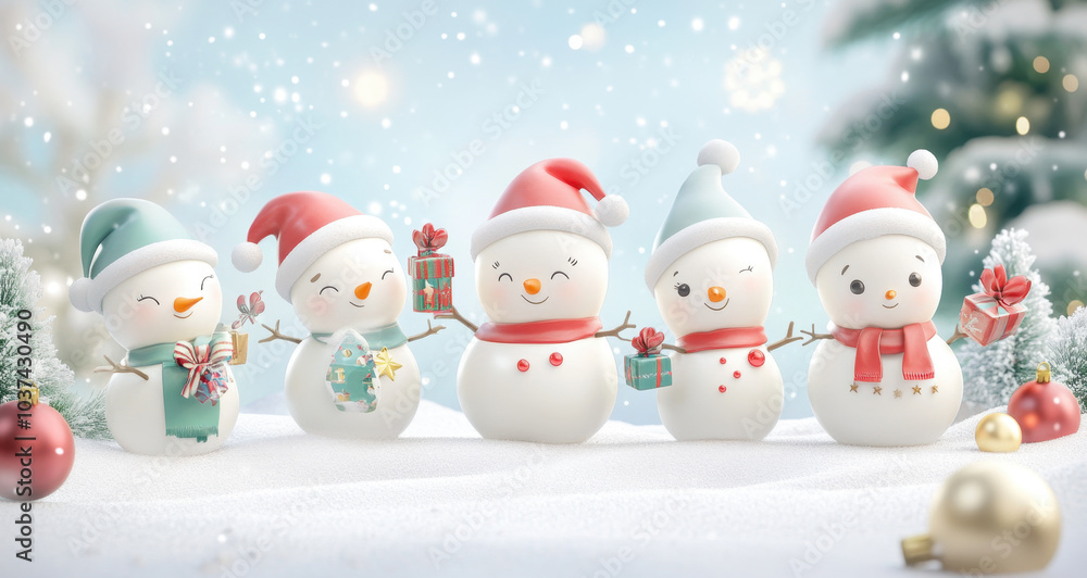 Five cute chibi snowmen wearing festive hats and holding Christmas gifts create joyful winter ...
