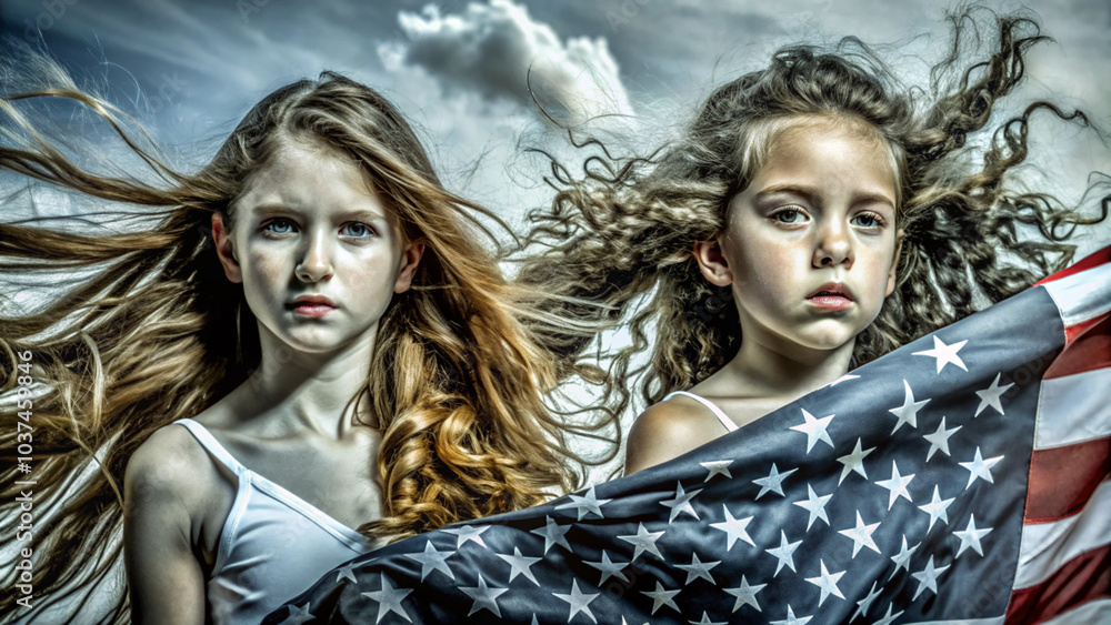 Patriotic American girls, windswept hair, dramatic sky, American flag ...