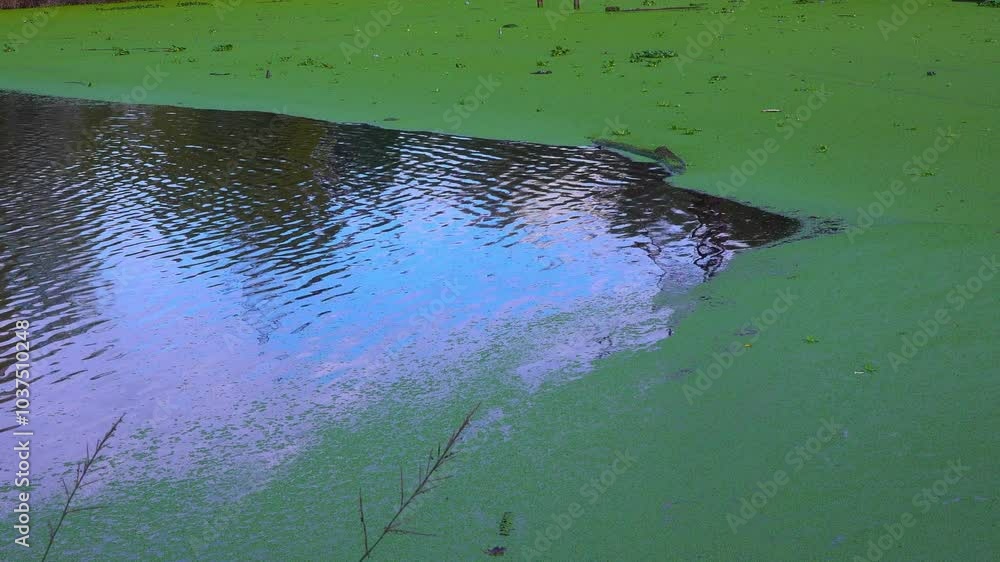 Flat surface of water in a quiet lake covered with floating aquatic ...