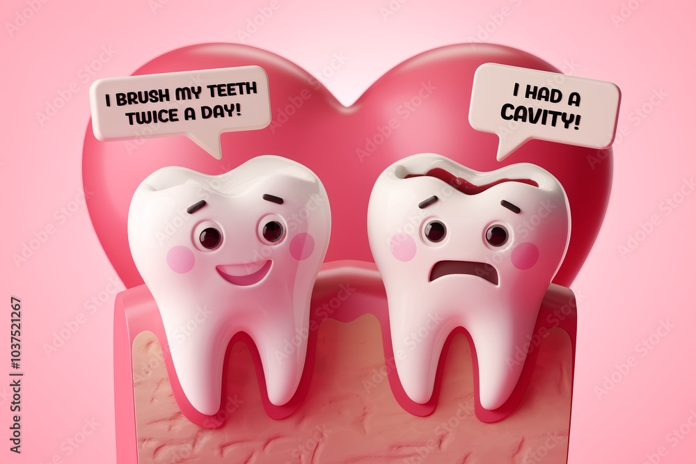 3D render of a playful illustration of two cartoon teeth. One tooth is ...