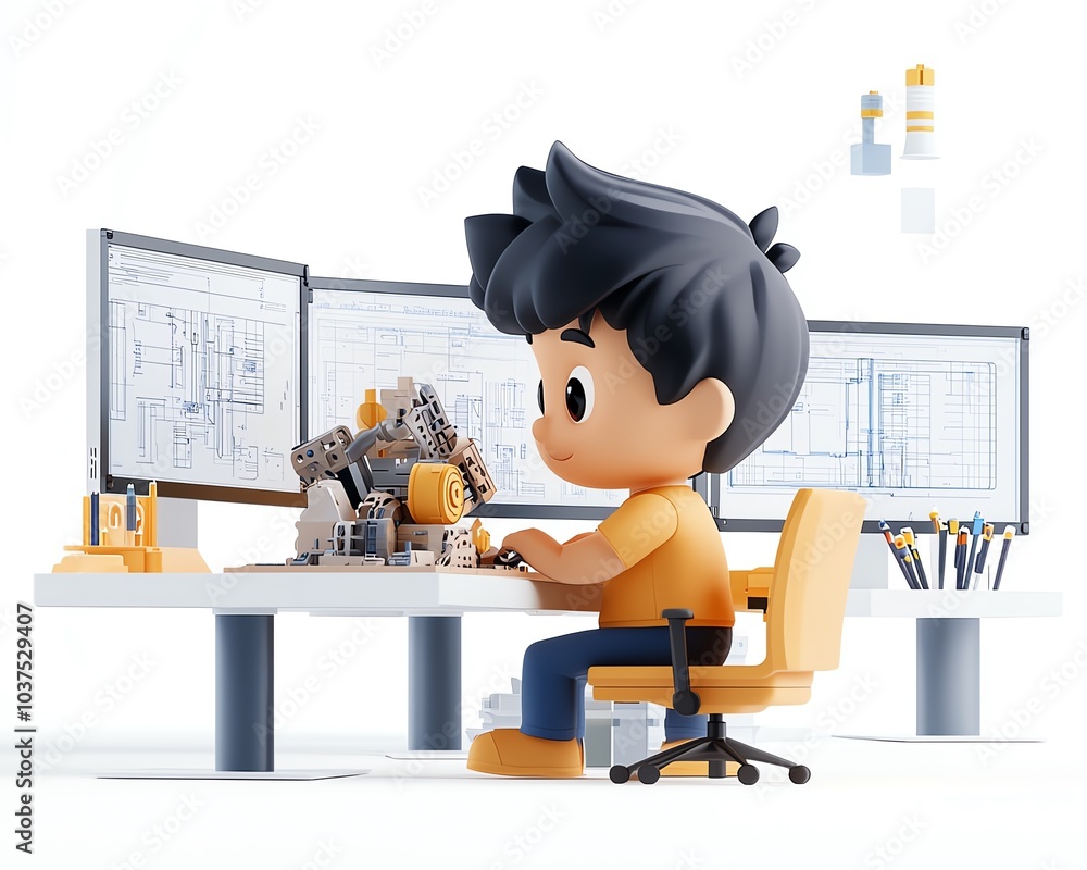 Cartoon boy working on computer with blueprints. Stock Illustration ...