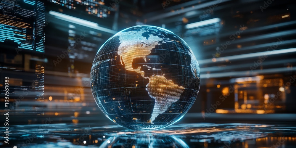Global real-time access, 3D holographic search engine displaying a ...