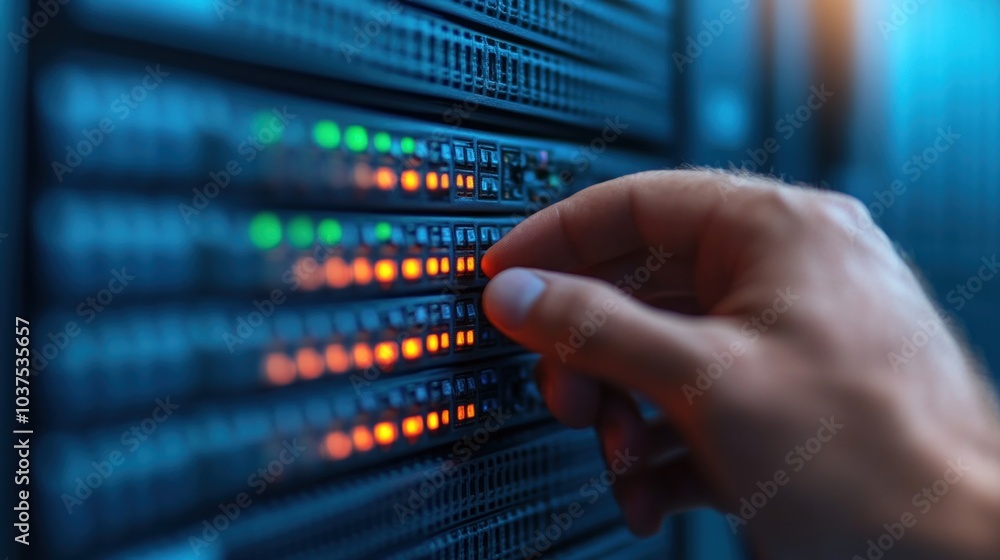 A technician is adjusting connections on a server rack in a data center ...