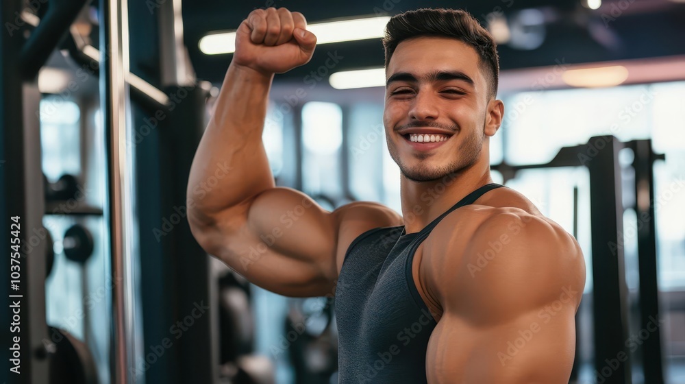 A muscular man flexing his biceps in front of a mirror in a gym ...