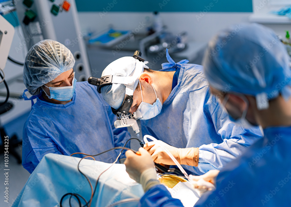 Surgeons in a modern hospital operation. A team of surgeons focuses on ...