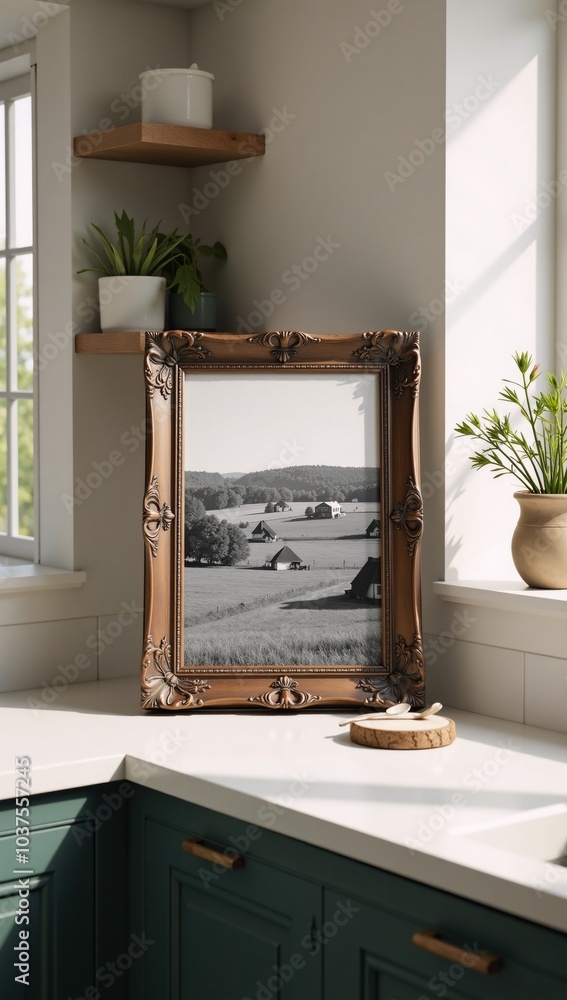 Create a farmhouse-style mockup of a kitchen interior with detailed ...