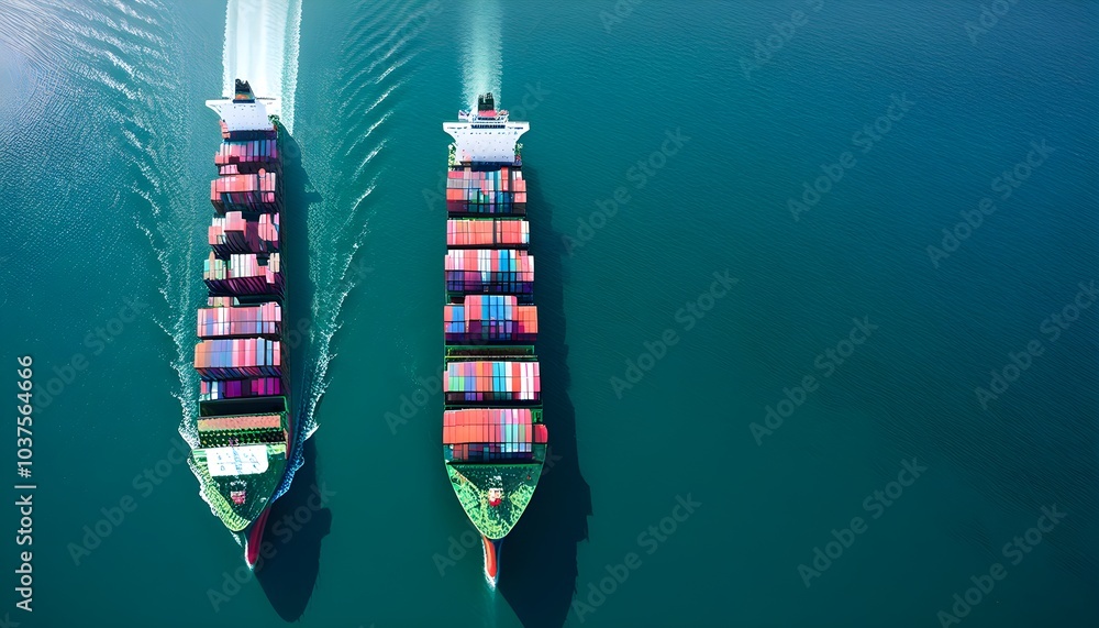 Aerial perspective of massive cargo ship navigating open waters ...