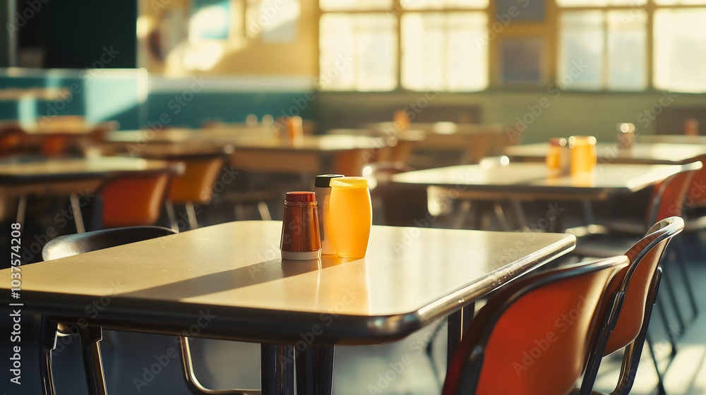 School cafeteria for lunch, canteen dining interior with chairs and ...
