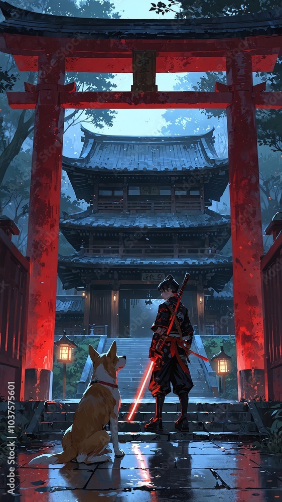 Anime Loyal Dog Samurai Guards Temple Gate: Glowing Sword Fantasy ...