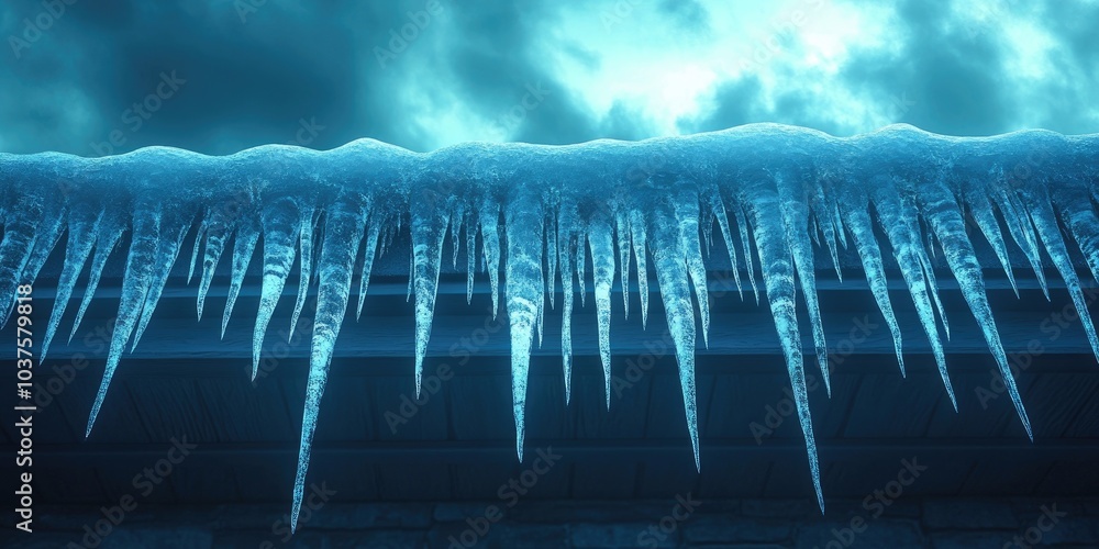 Large icicles hanging from an eave with a cloudy sky behind Icy ...