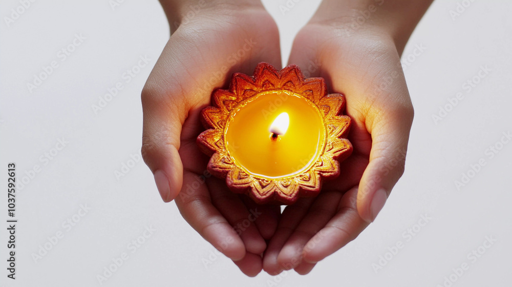 Top view of diwali diya in cupped hands isolated on white background ...