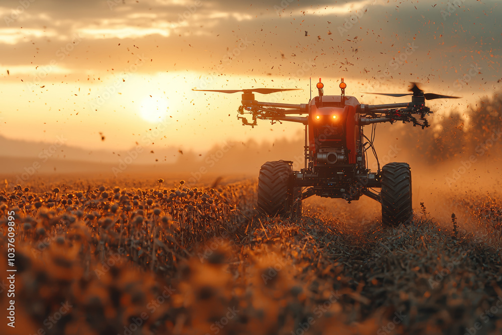 A drone flying over a field as part of an autonomous farming system ...