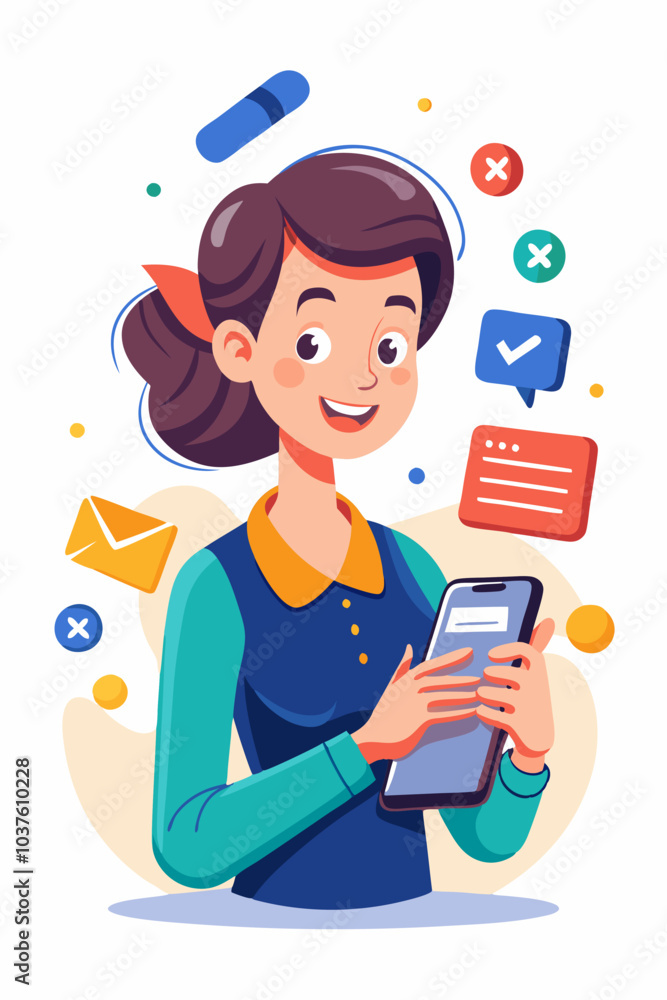 A cheerful cartoon illustration of a young woman holding a smartphone ...