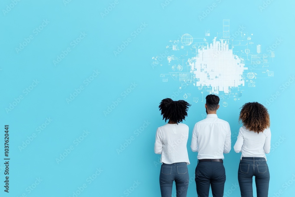 Three people, backs turned, examine digital art depicting an abstract ...