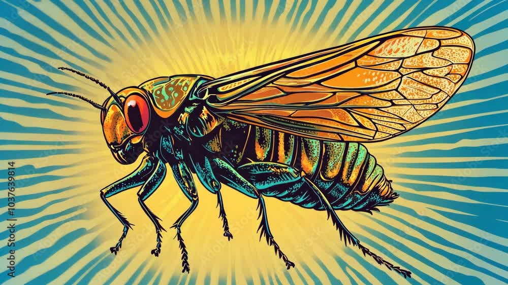 A colorful cicada with large wings flies in front of a blue and yellow ...