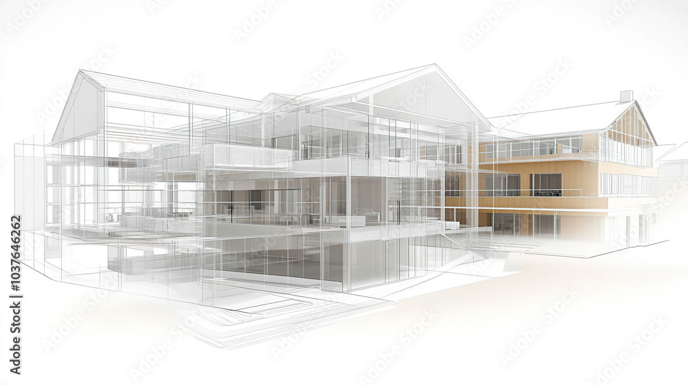Transparent architectural 3D model of a modern multi-story building ...