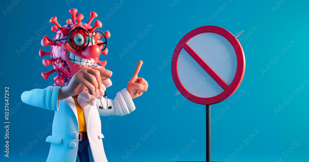 Cartoonish man in a lab coat is pointing to a no smoking sign. The sign ...