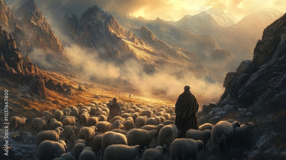 Early in the morning, the elderly shepherd leads his herd of sheep to ...